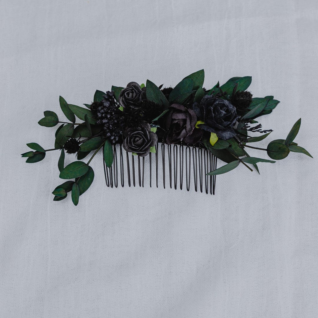 Black Gothic Wedding Hair Comb/floral Hairpiece With Roses and Greenery ...