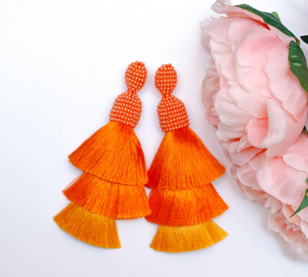 Ombre Orange Tassel Three Shades of Orange Tassel Earrings Long ...