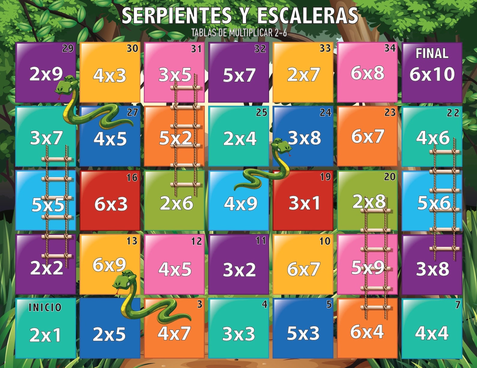 Times Tables 1 to 9, Snakes and Ladders Printable Game, Multiplication ...