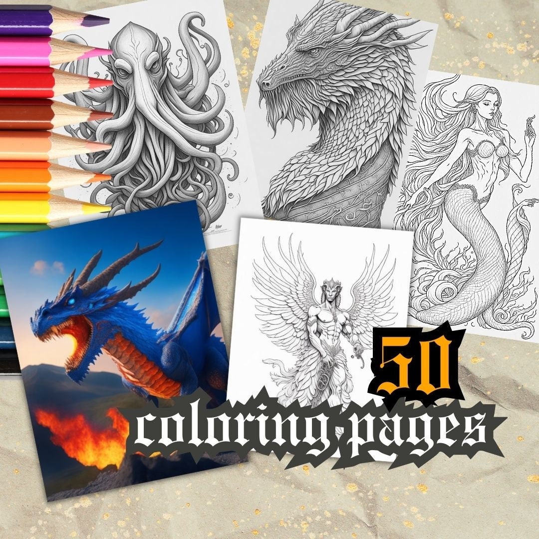 50 Mythical Creatures Coloring Pages, Fantasy Dragon Coloring Book ...