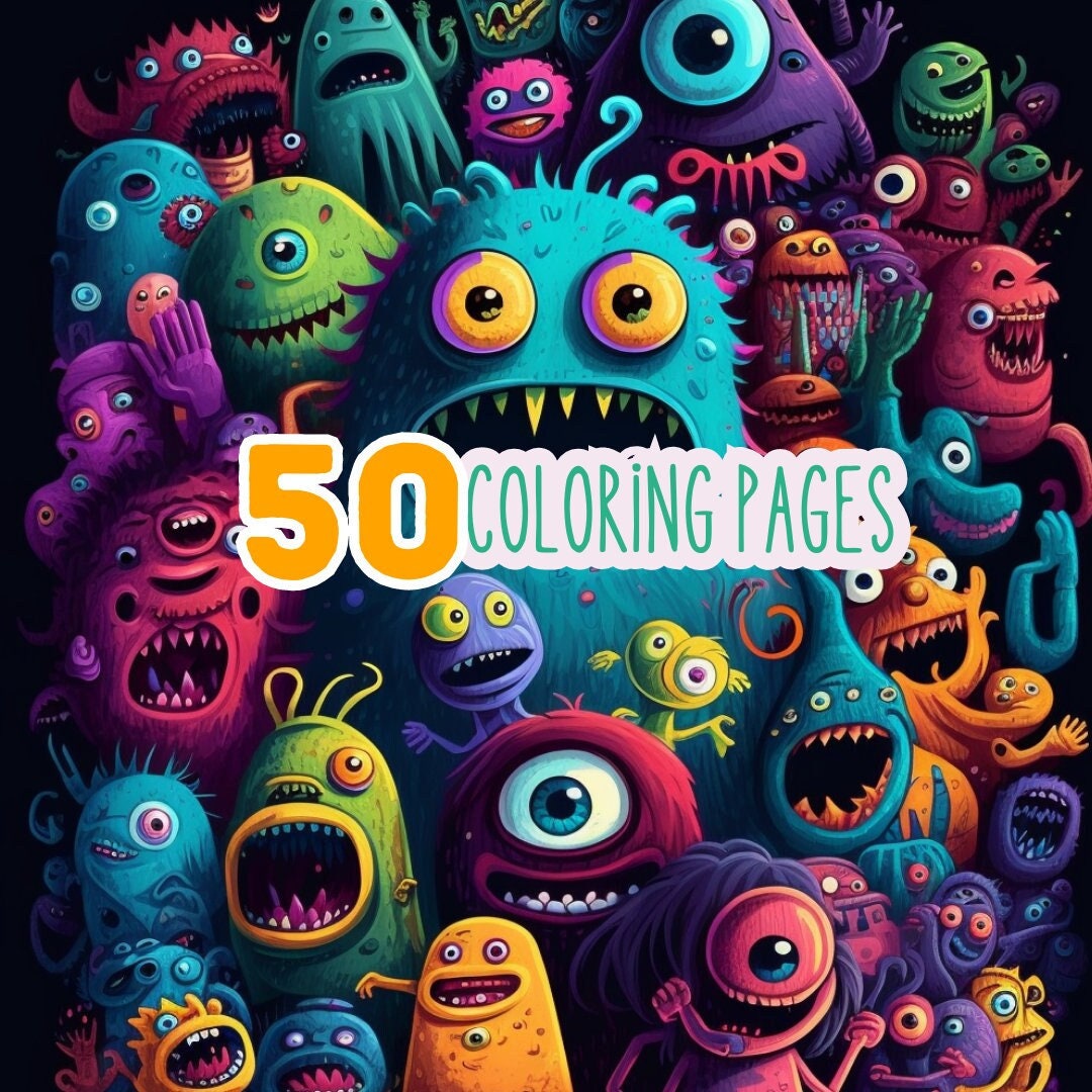 Crowded Room Doodle Monsters Grayscale Coloring Page for Kids and ...