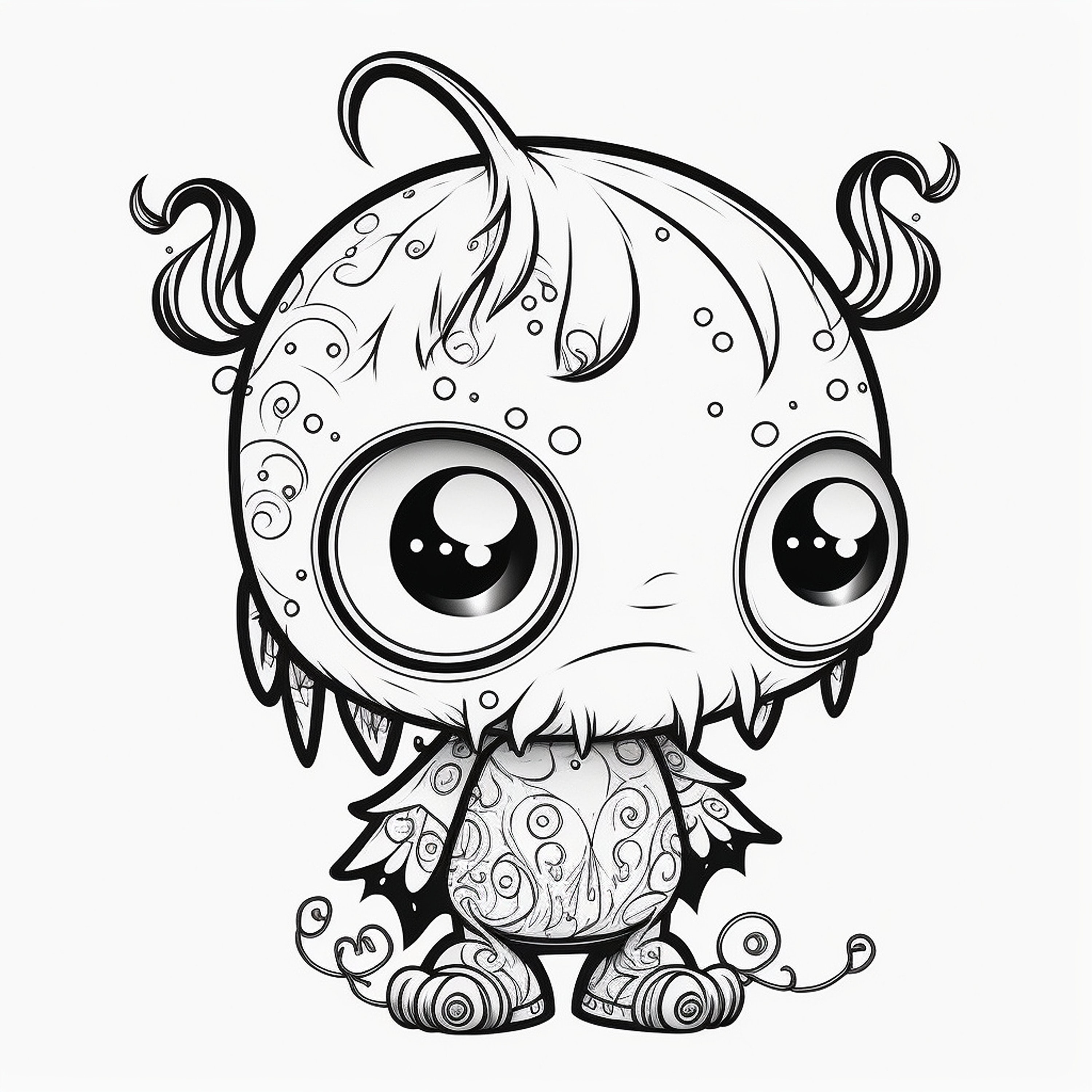 50 Kawaii Creepy Monsters Grayscale Coloring Pages for Kids, Adorable ...