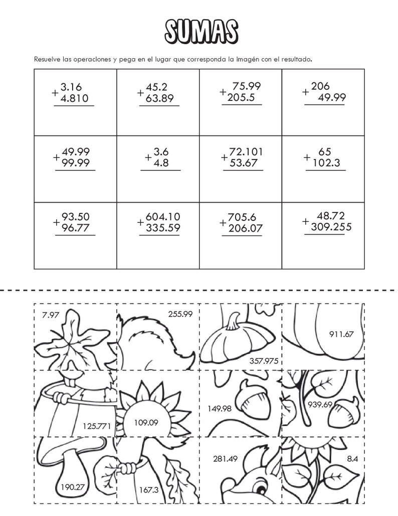 Hoja de trabajo de suma y resta con decimales, puntos decimales de ...