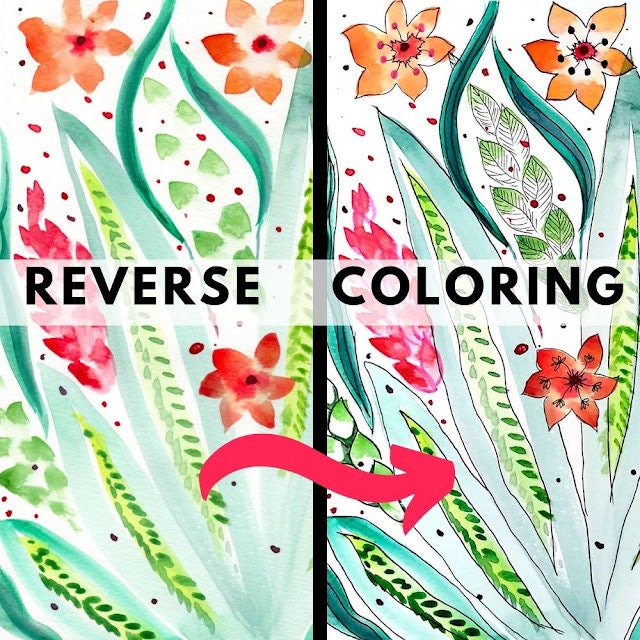 50 Abstract Reverse Coloring Page, Landscape Watercolor Color Backwards ...