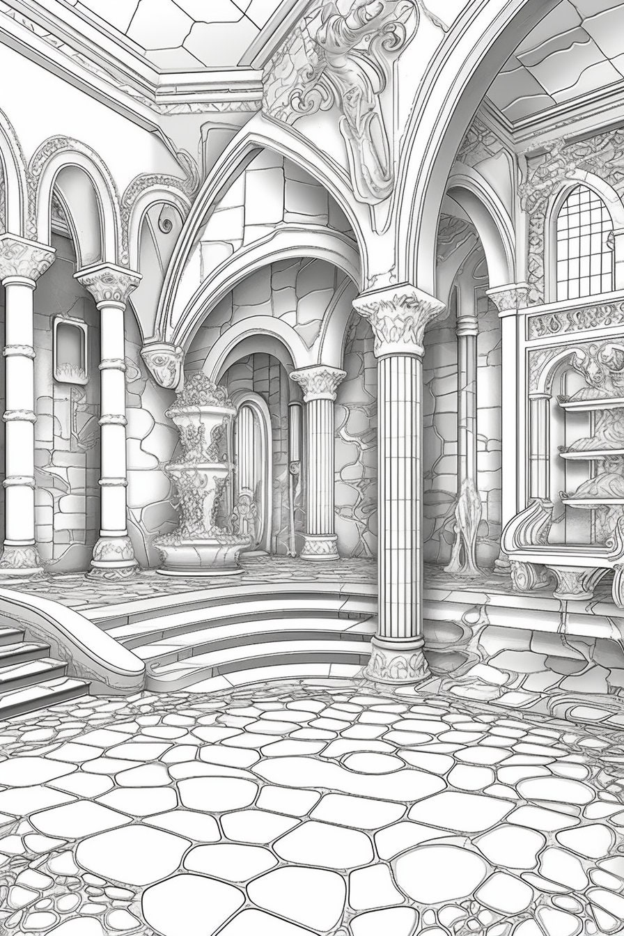 Castle Interiors Grayscale Coloring Pages Adults, Medieval Architecture ...