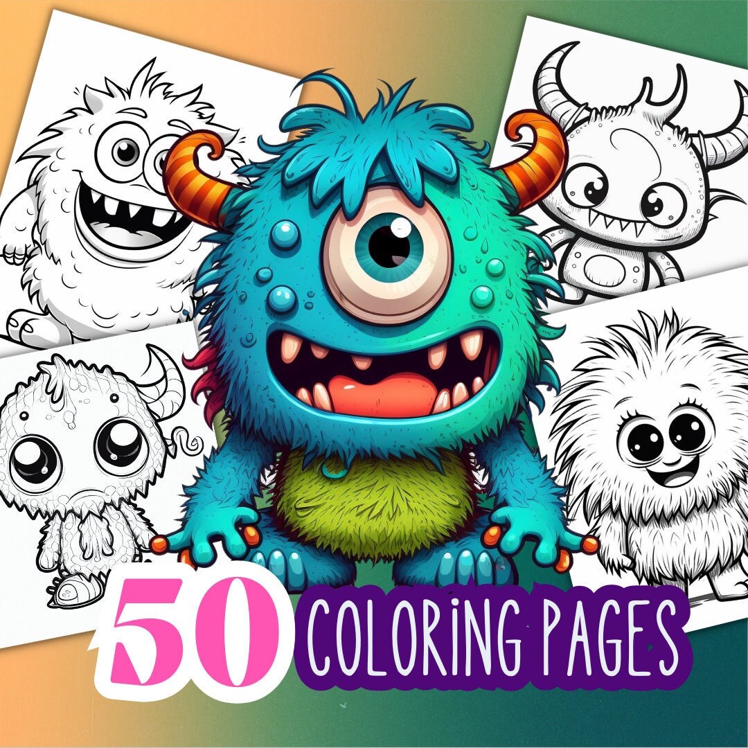 50 Kawaii Creepy Monsters Grayscale Coloring Pages for Kids, Adorable ...