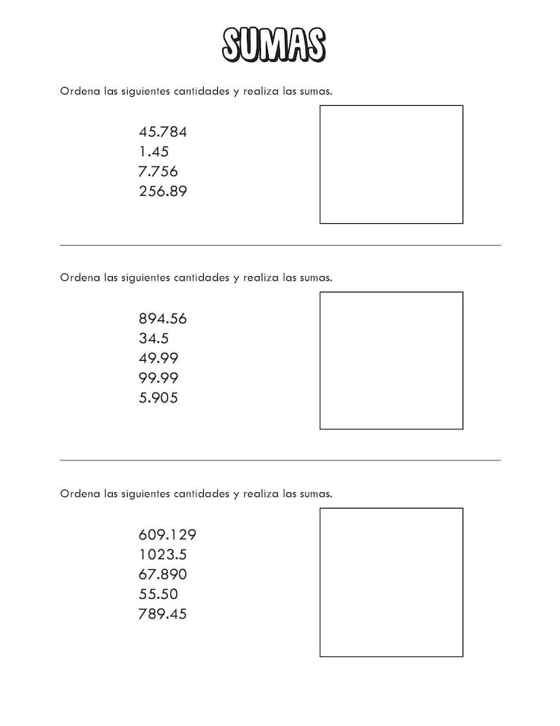 Hoja de trabajo de suma y resta con decimales, puntos decimales de ...