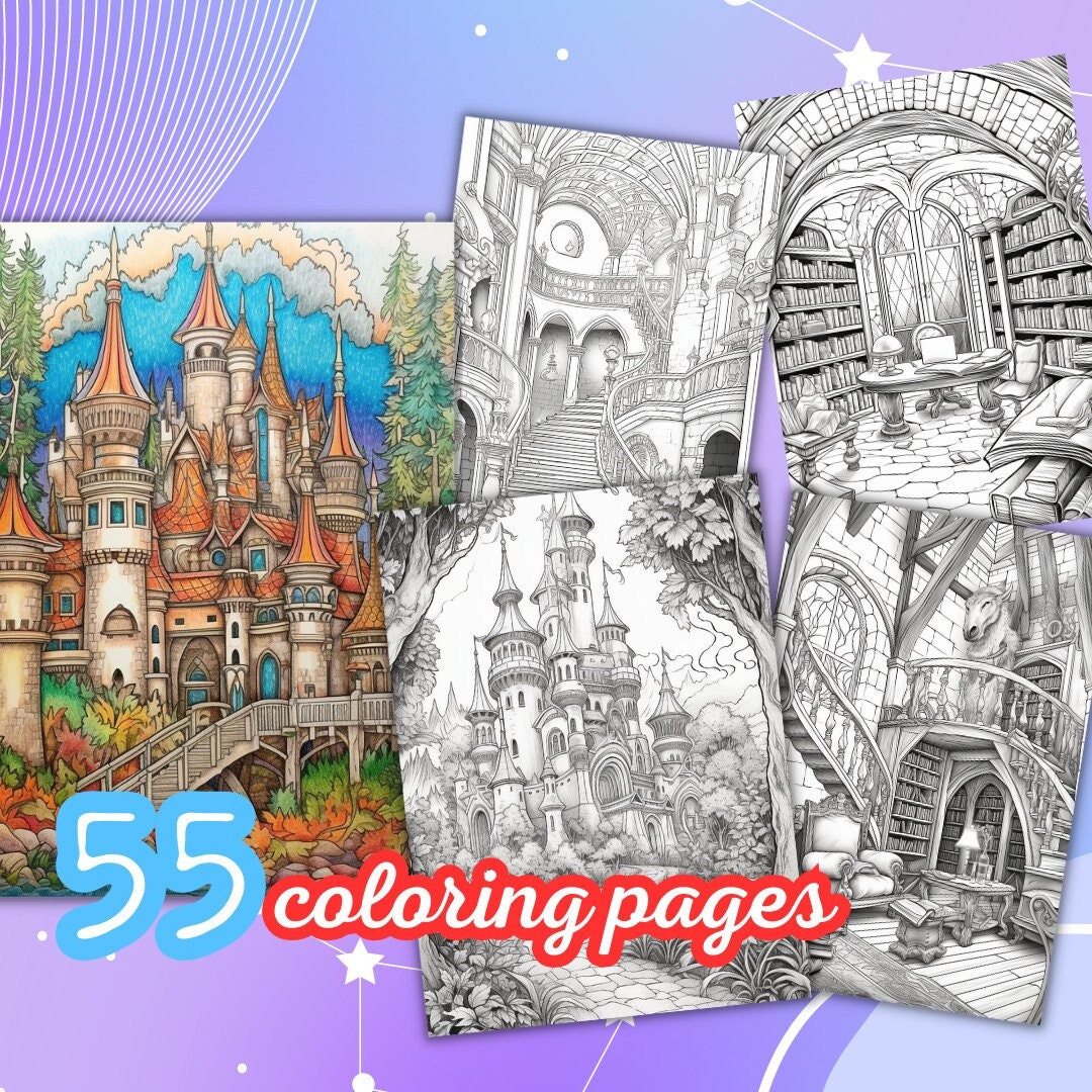 Castle Interiors Grayscale Coloring Pages Adults, Medieval Architecture ...