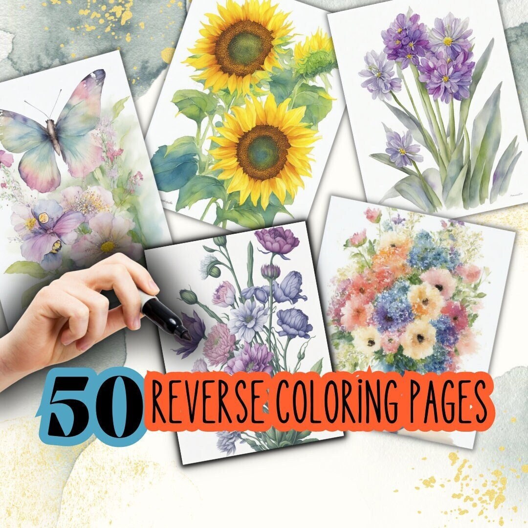 50 Flower Reverse Coloring Page, Enchanted Floral Watercolor Color ...