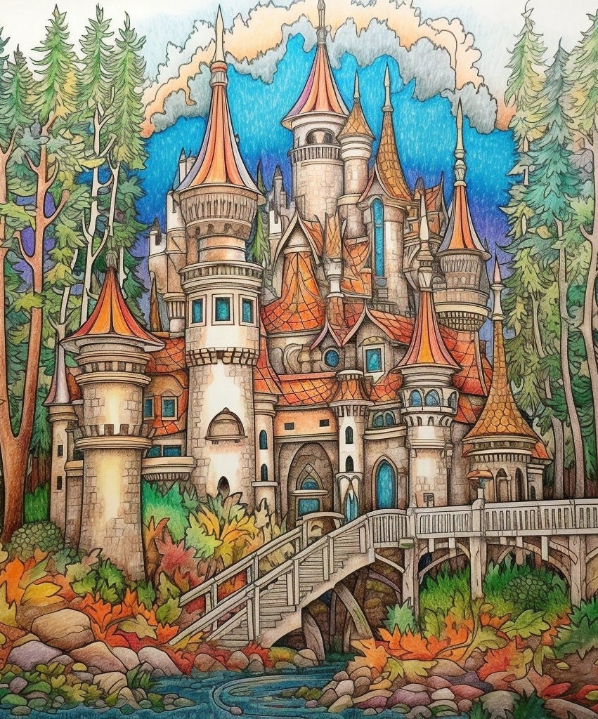 Castle Interiors Grayscale Coloring Pages Adults, Medieval Architecture ...