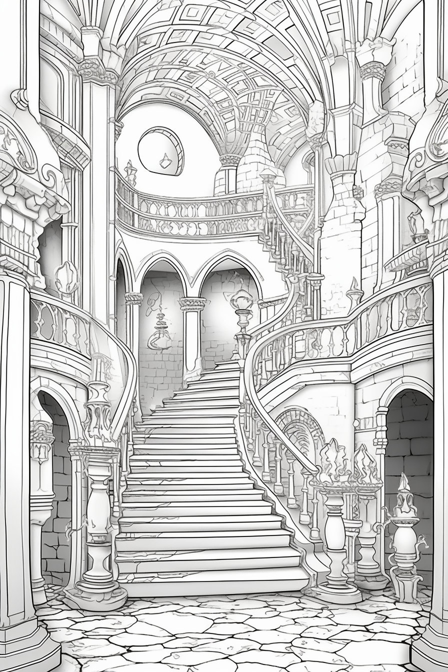 Castle Interiors Grayscale Coloring Pages Adults, Medieval Architecture ...