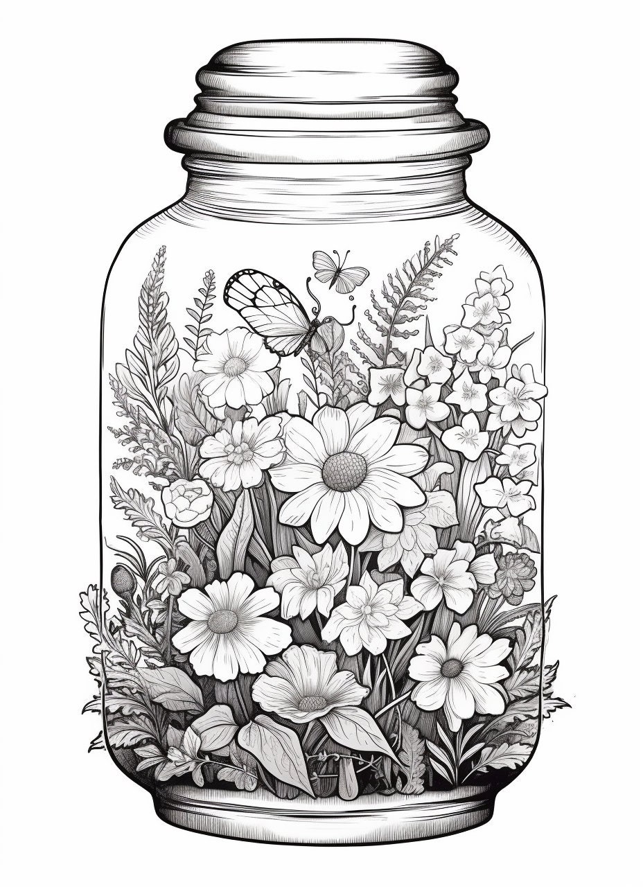 40 Life in Jar Grayscale Coloring Page, Beautiful Tiny Fairy World ...