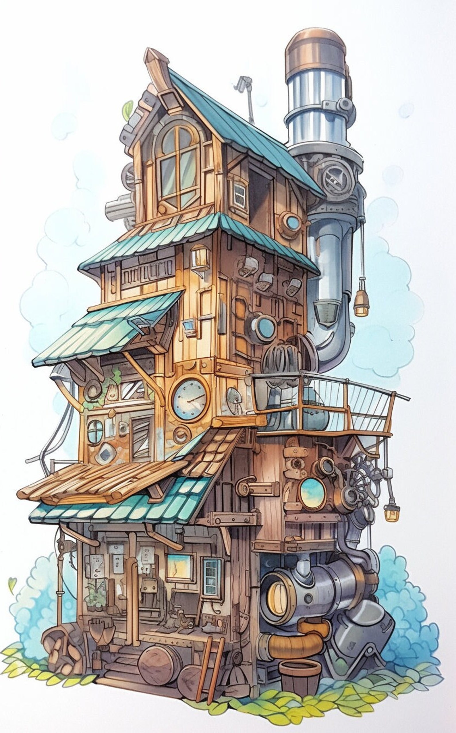 Steampunk House Grayscale Coloring Page, Fantasy Woodland Architecture ...