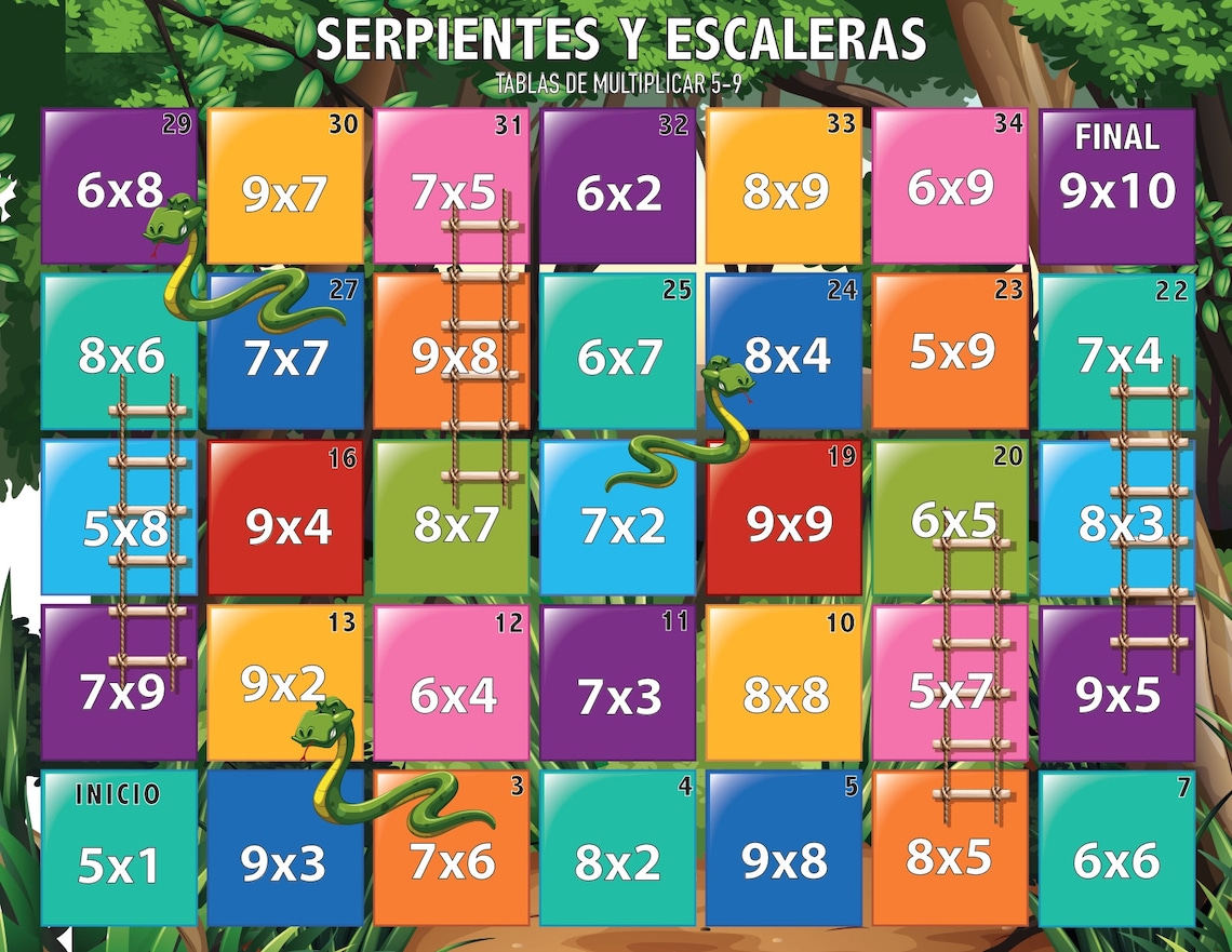Times Tables 1 to 9, Snakes and Ladders Printable Game, Multiplication ...