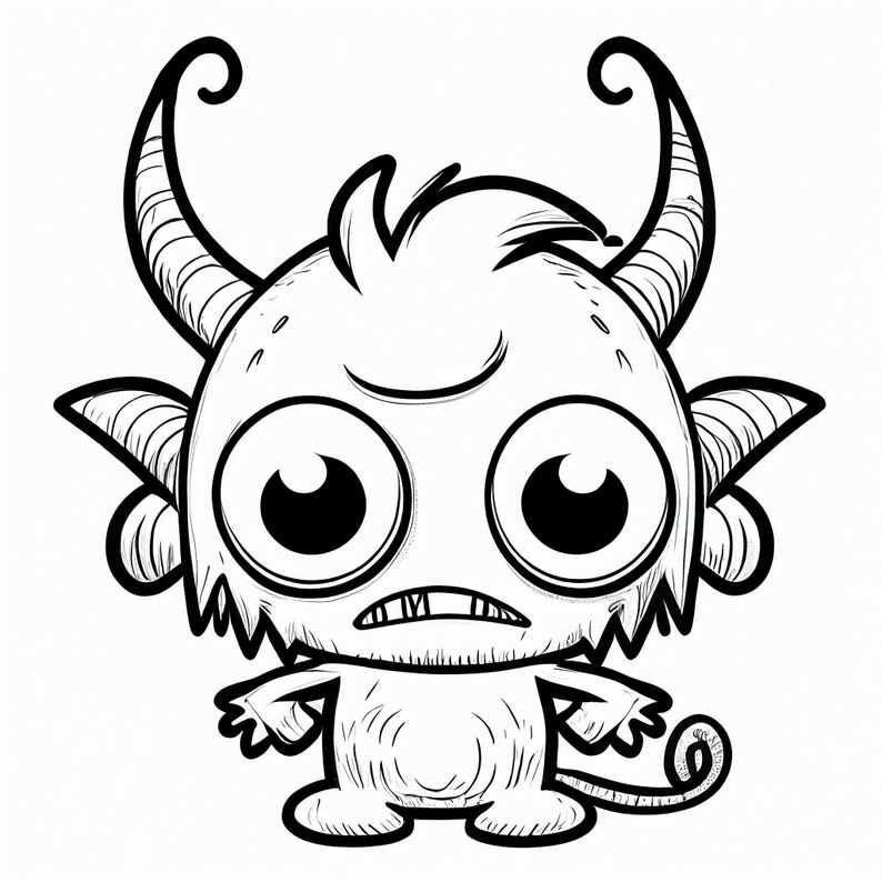 50 Kawaii Creepy Monsters Grayscale Coloring Pages for Kids, Adorable ...