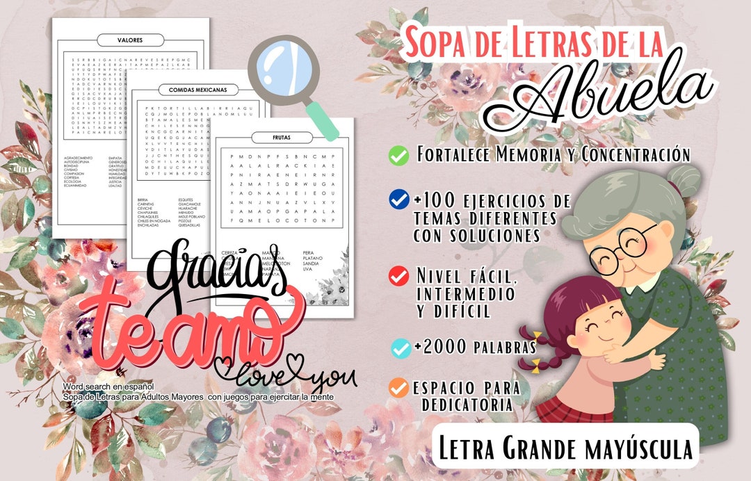 Spanish Word Search for Grandmother, Capital Big Letters Seniors Gradma ...