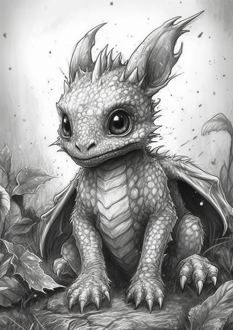 Realistic Baby Dragon Coloring Page for Adults, Dragons Babies Coloring ...