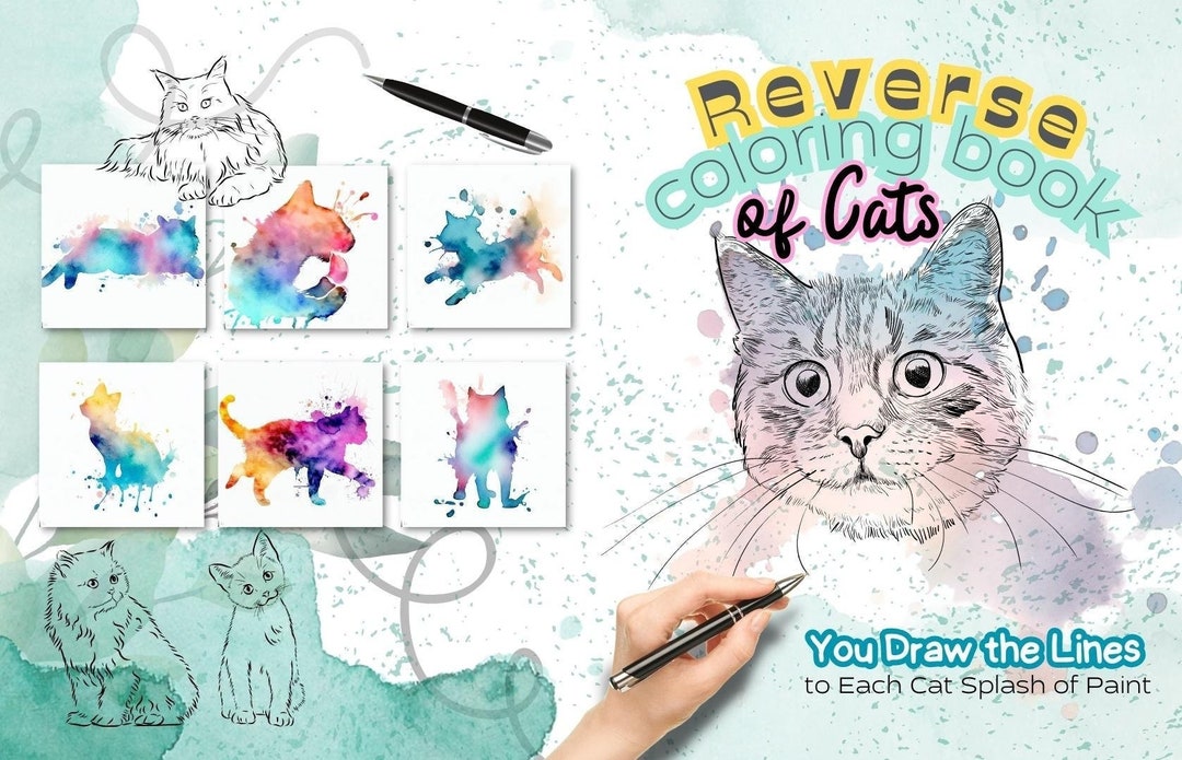 50 Cats Reverse Coloring Book Page PDF, Watercolor Cat Mom Feline Kitty ...