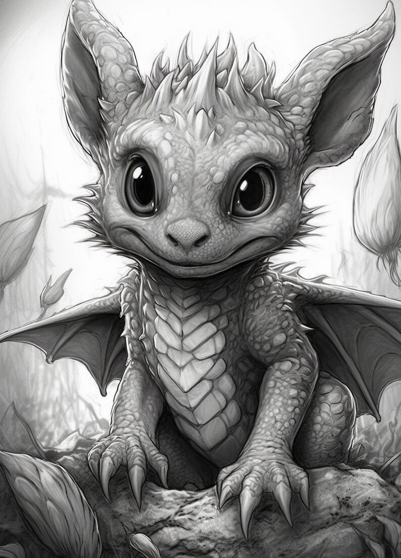 Realistic Baby Dragon Coloring Page for Adults, Dragons Babies Coloring ...