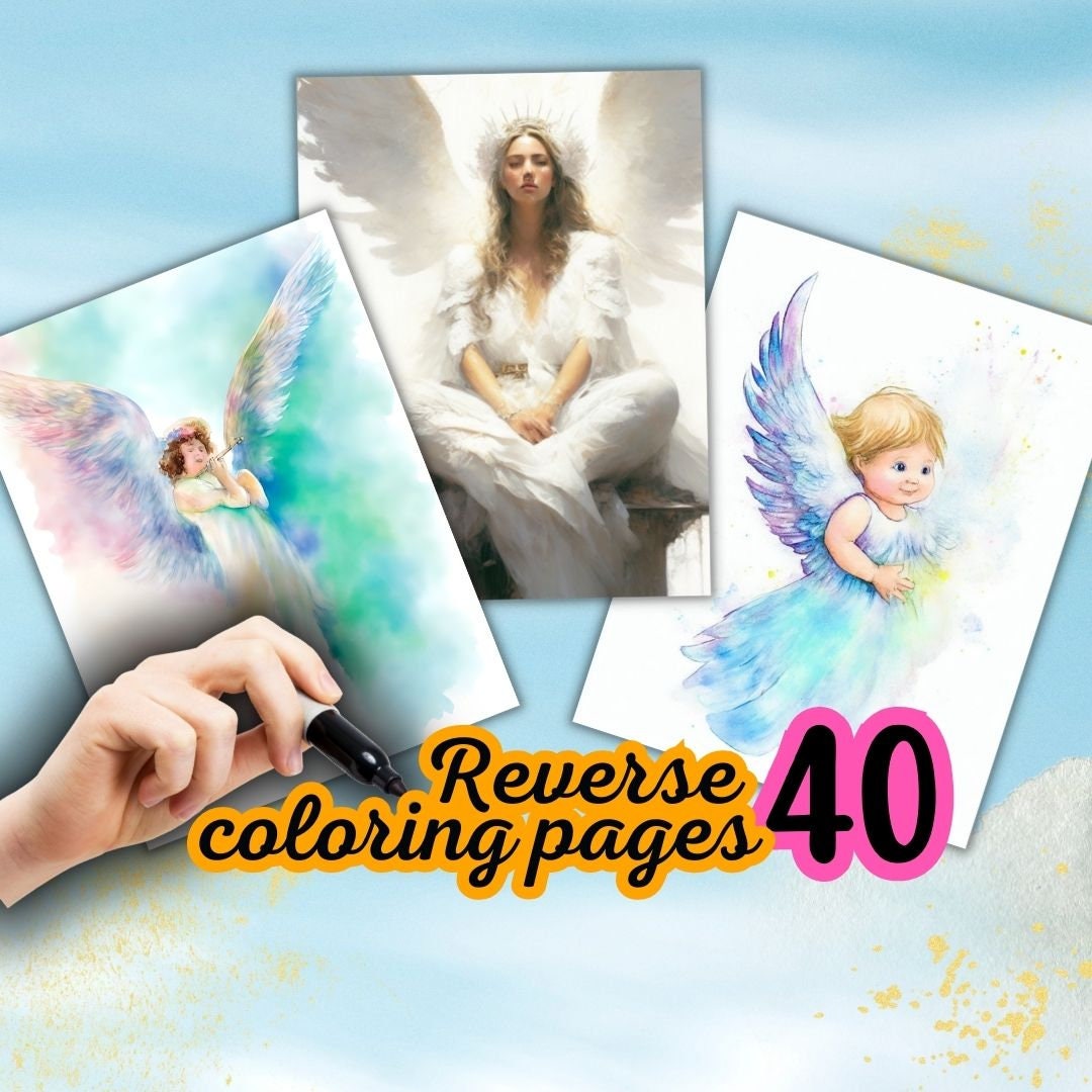 40 Angels Reverse Coloring Page, Divine Sacred Forms Watercolor Color ...