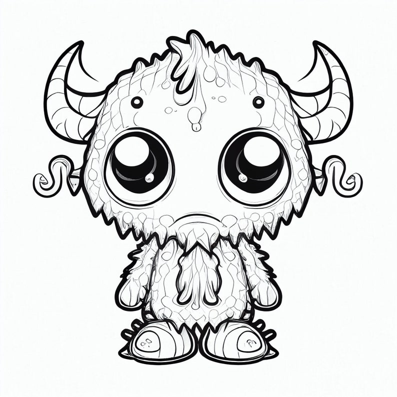 50 Kawaii Creepy Monsters Grayscale Coloring Pages for Kids, Adorable ...