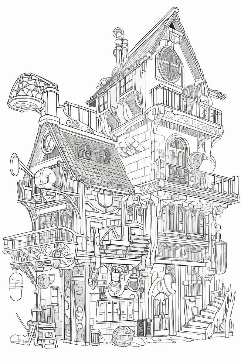 Steampunk House Grayscale Coloring Page, Fantasy Woodland Architecture ...
