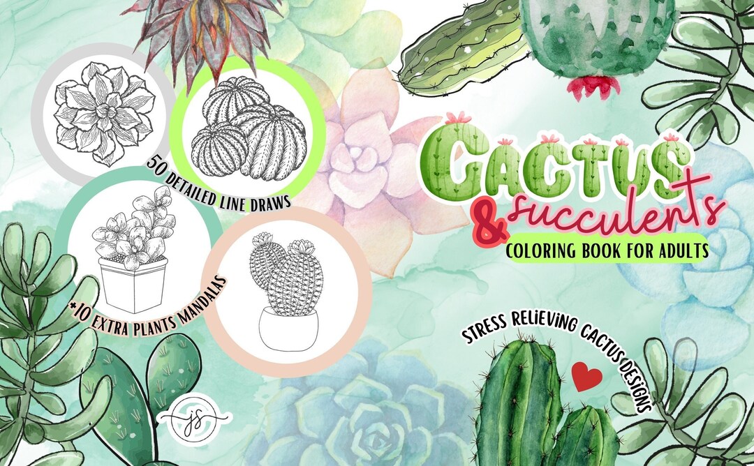 Cactus and Succulents Coloring Page Book for Adults, Cactus Grayscale ...