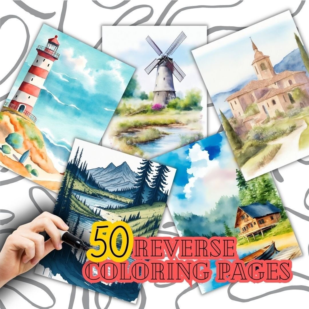 50 Abstract Reverse Coloring Page, Landscape Watercolor Color Backwards ...