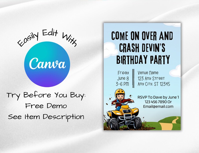 4 Wheeler Birthday Invitation, ATV Birthday Invitation, Customizable ...