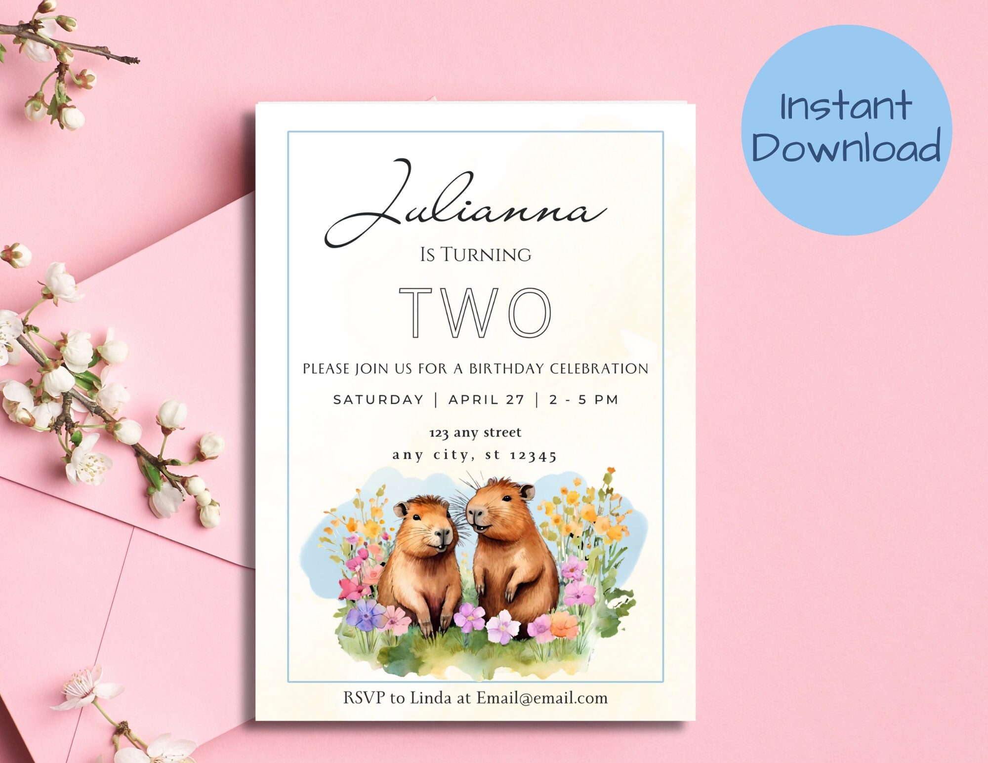 Capybara Birthday Invitation, Capy Birthday, Cute Animal Birthday ...