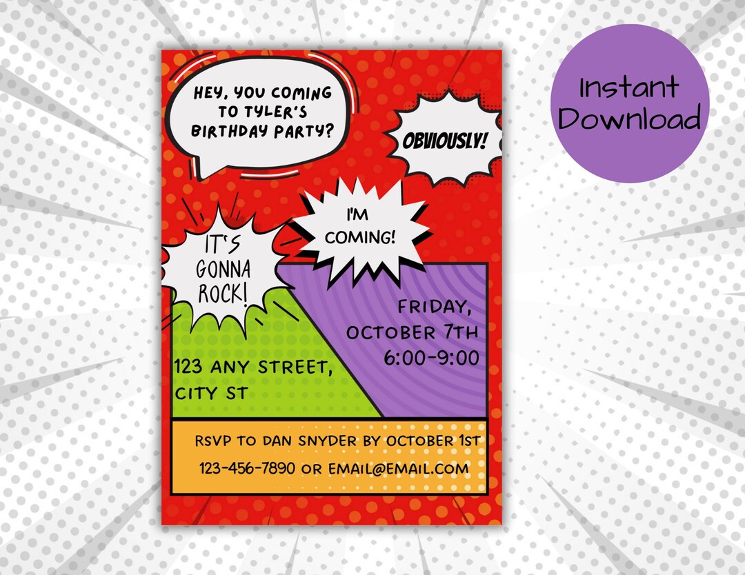 Superhero Birthday Party Invitation, Comic Book Birthday Party ...