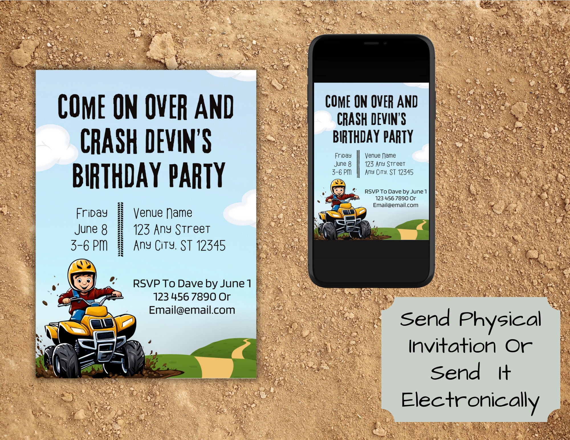 4 Wheeler Birthday Invitation, ATV Birthday Invitation, Customizable ...