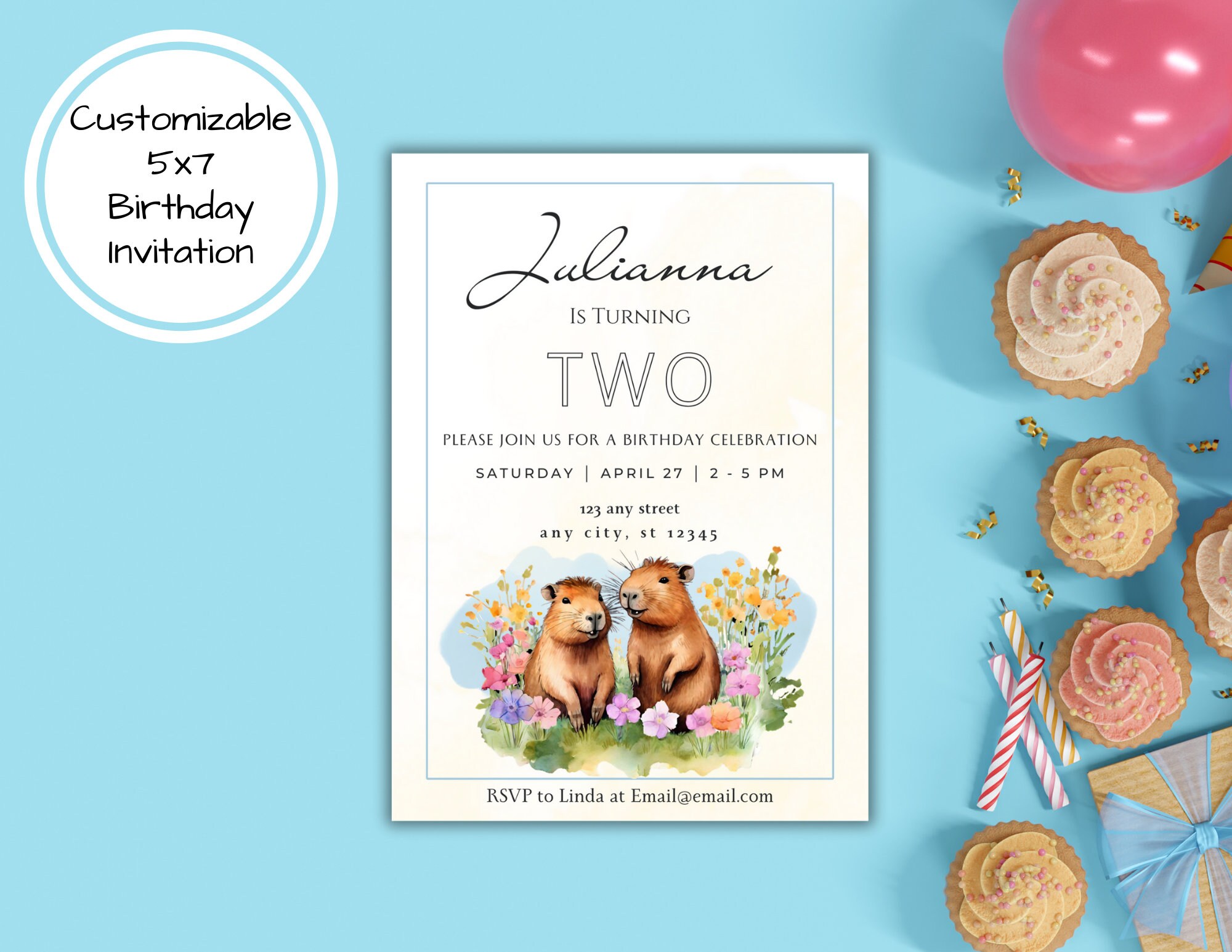 Capybara Birthday Invitation, Capy Birthday, Cute Animal Birthday ...
