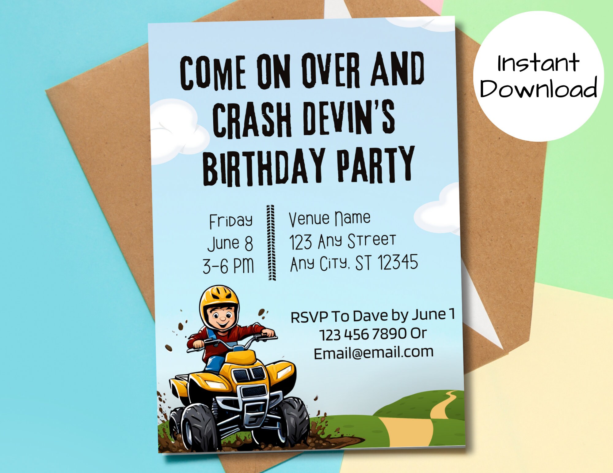 4 Wheeler Birthday Invitation, ATV Birthday Invitation, Customizable ...
