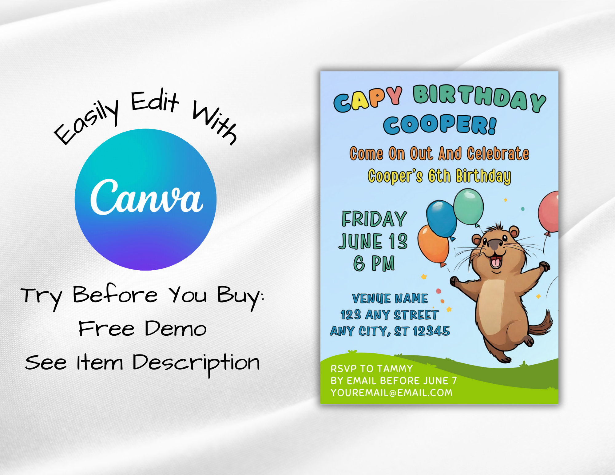 Capybara Birthday Invitation, Capy Birthday, Cute Animal Birthday ...