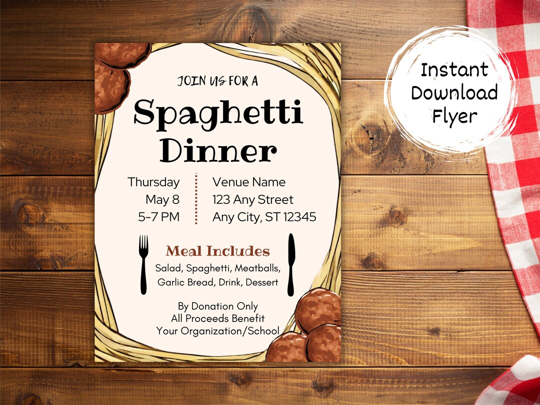 Spaghetti Dinner Flyer, Italian Dinner Fundraiser Invitation, 8.5 X 11 ...
