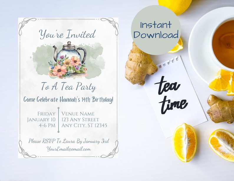 Teatime Birthday Party Invitation, Teatime Bridal Shower Invitation ...