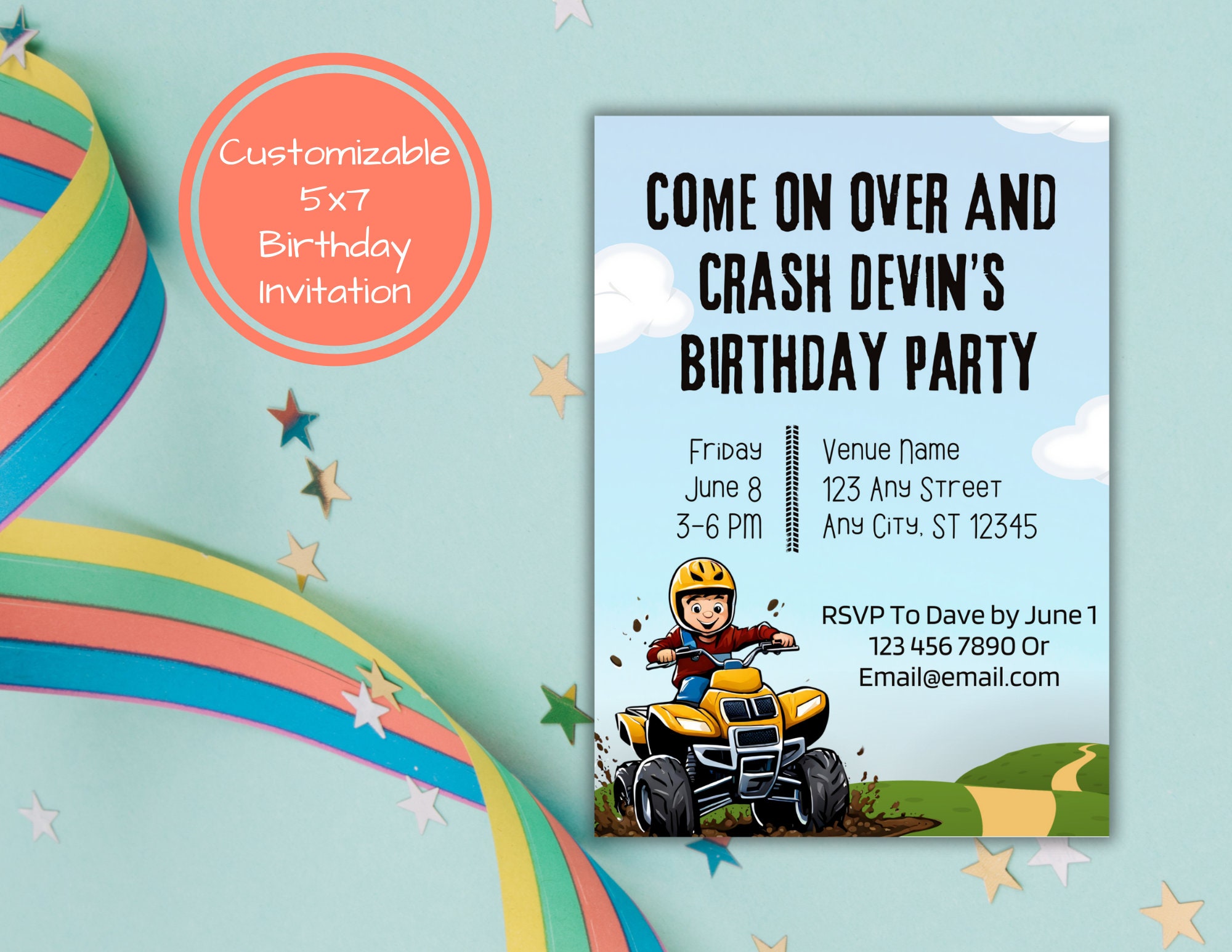 4 Wheeler Birthday Invitation, ATV Birthday Invitation, Customizable ...