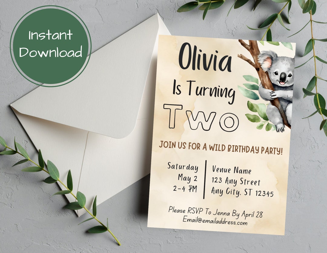 Koala Birthday Party Invitation, Cute Wildlife Birthday Invitation ...