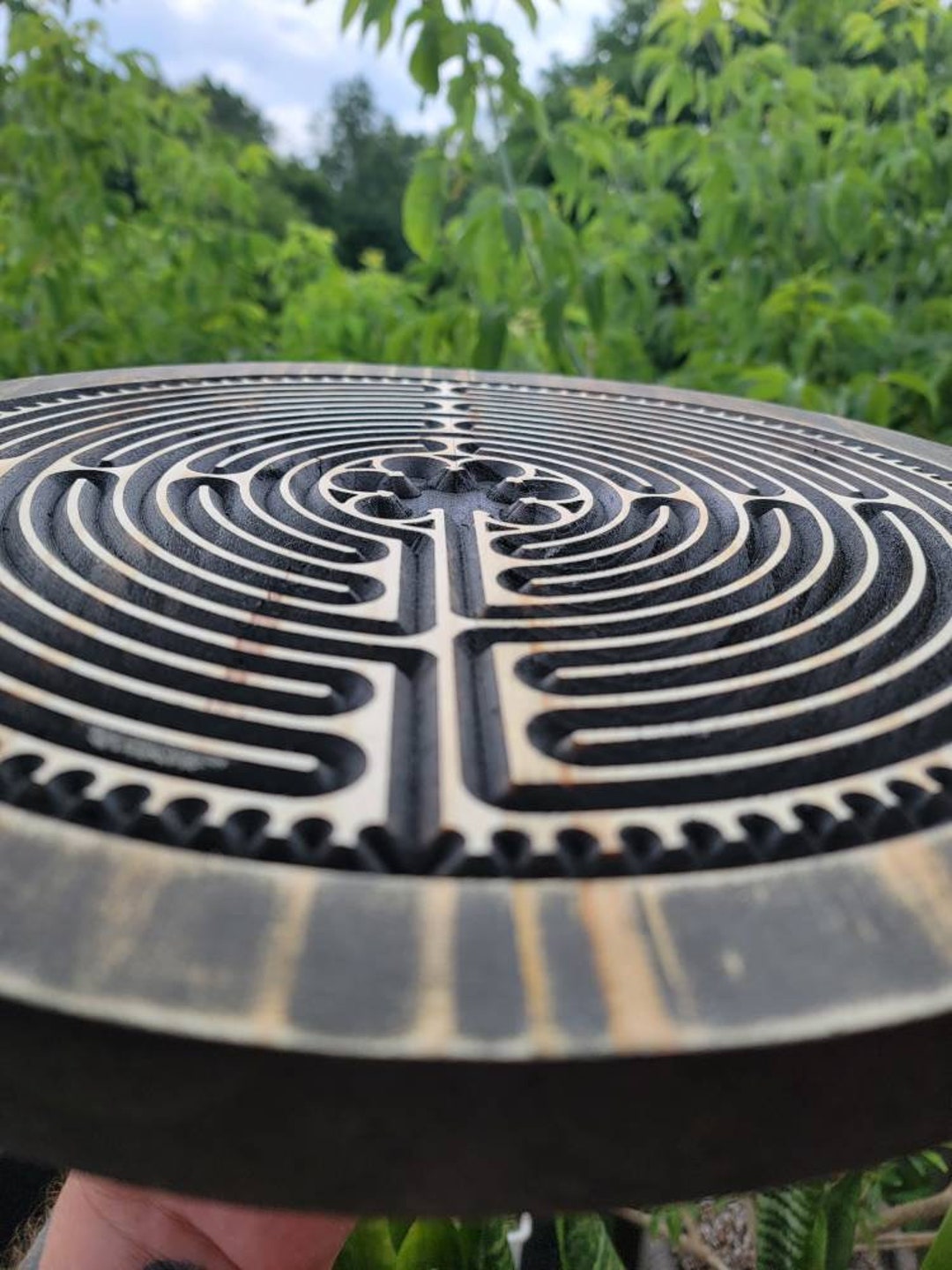 Finger Labyrinth Wood Carving, Natural and Dark Brown With Weathered ...