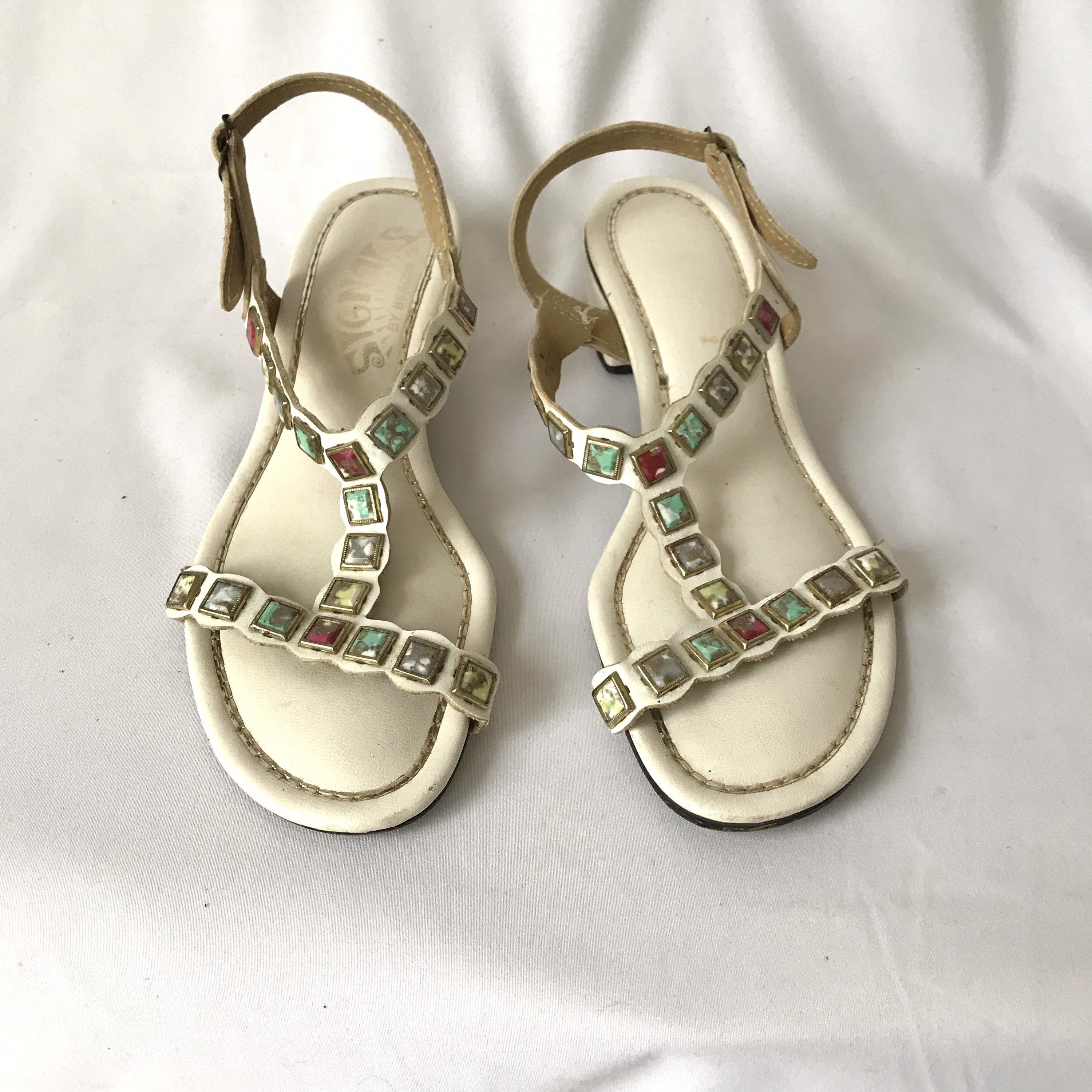 Vintage 60s Mod T-bar Sandals White and Multicolour Sz UK5/US7/EU38 Low ...