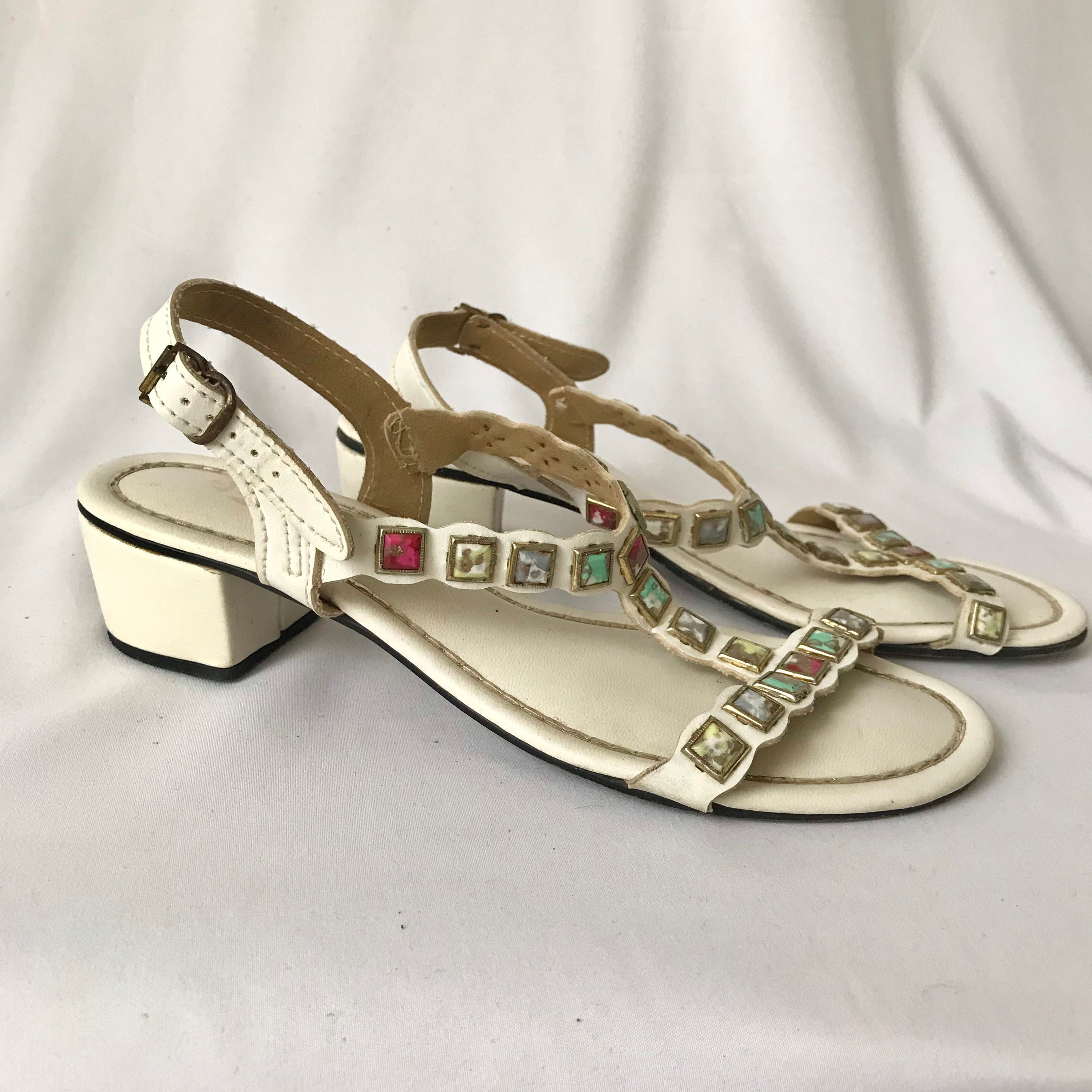 Vintage 60s Mod T-bar Sandals White and Multicolour Sz UK5/US7/EU38 Low ...