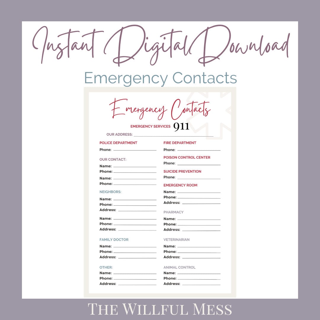 Emergency Contact Sheet | Babysitter| Housesitter | Printable | Instant ...