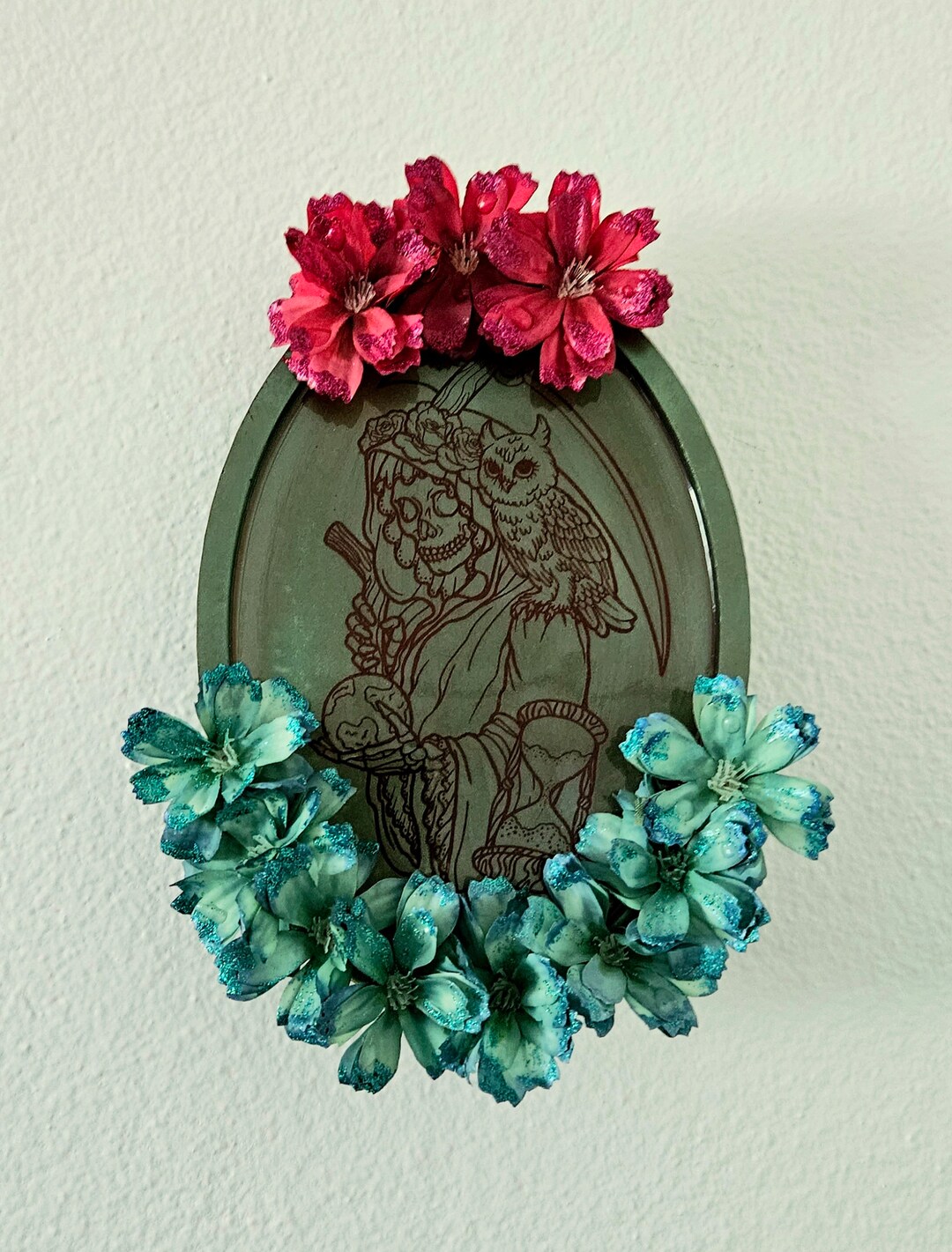 La Santa Muerte Green Red Kitsch Flowers Wall Art - Handmade, Occult ...
