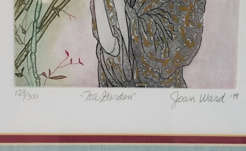 1979 Joan Ward Signed Limited Edition Colored Etching, Entitled tea Garden, With Certificate of ...