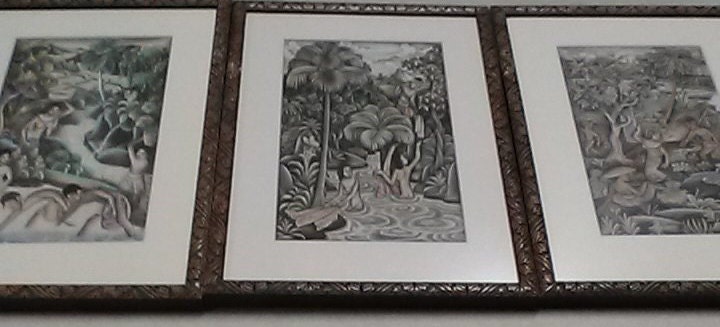 Set of Three Vintage Ida Bagus Made batuan, Bali Paintings on Paper ...