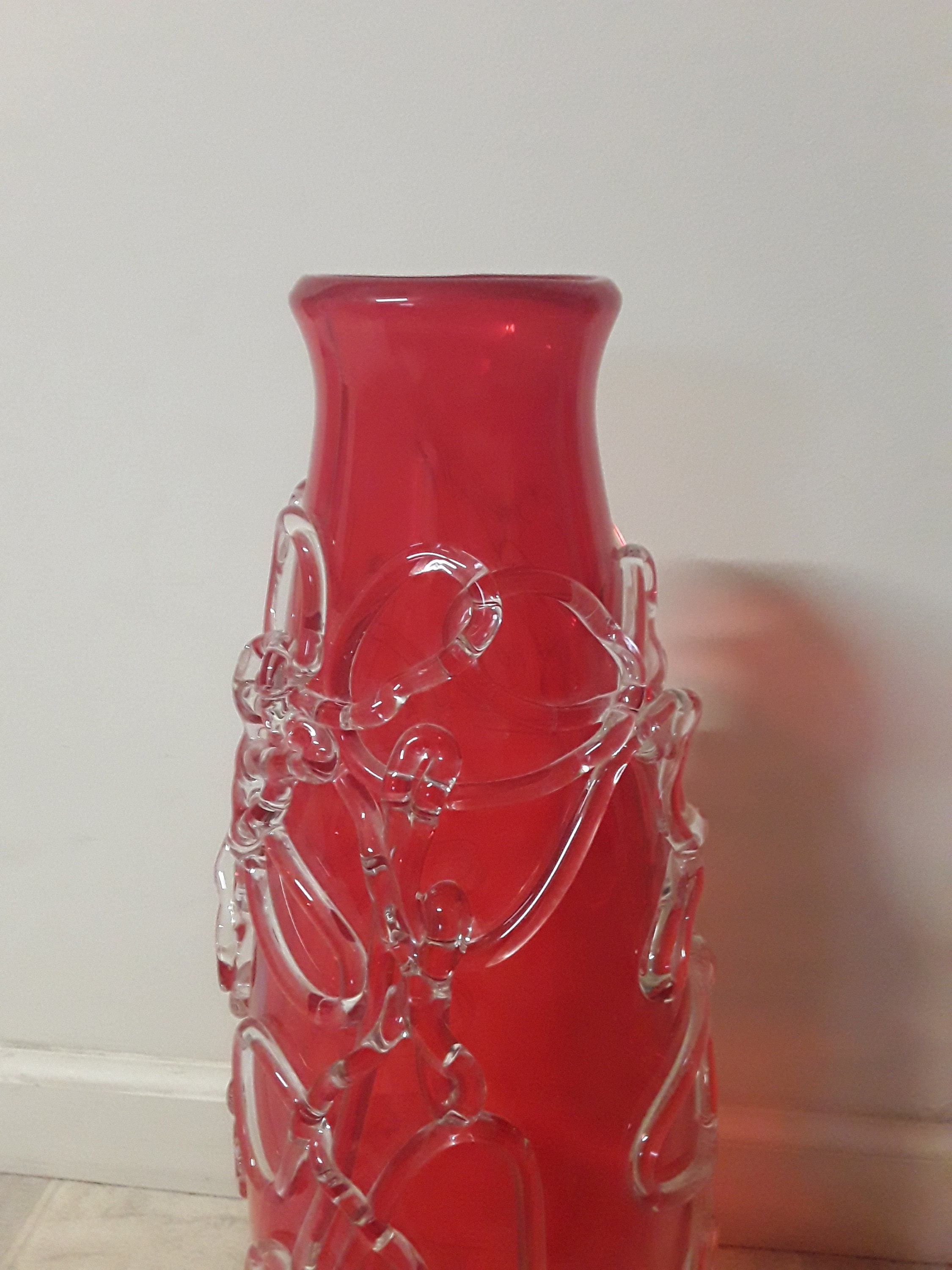 Massive Vintage Ion Tamaian Hand Blown Red and Clear White Art Glass ...