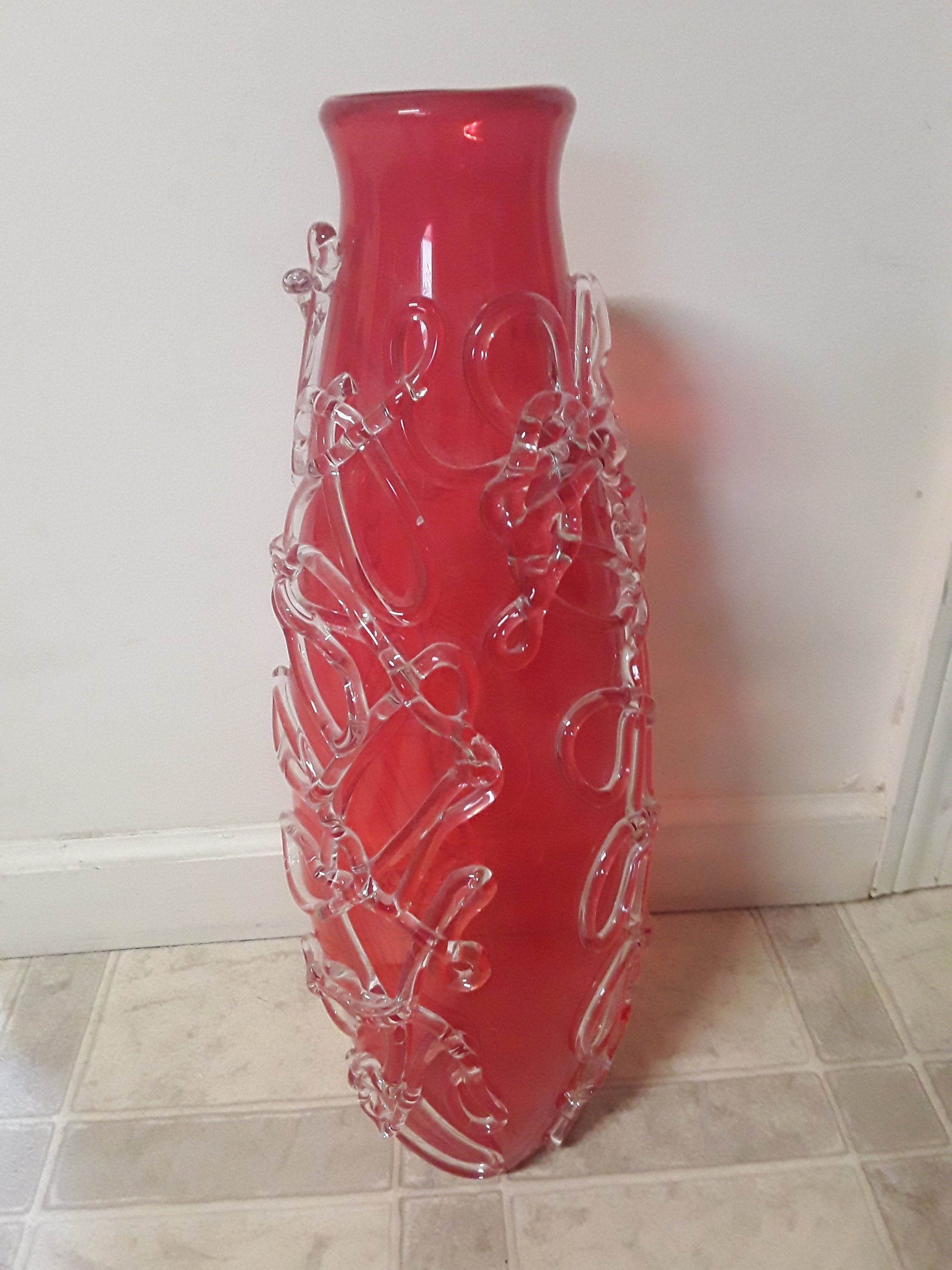 Massive Vintage Ion Tamaian Hand Blown Red and Clear White Art Glass ...