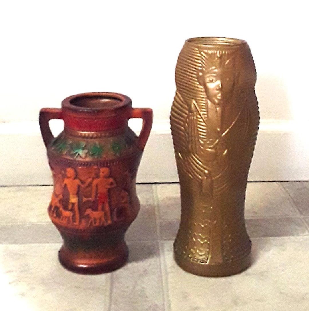 Two Vintage Egyptian Style Vases, One Polychromed Double-handled ...