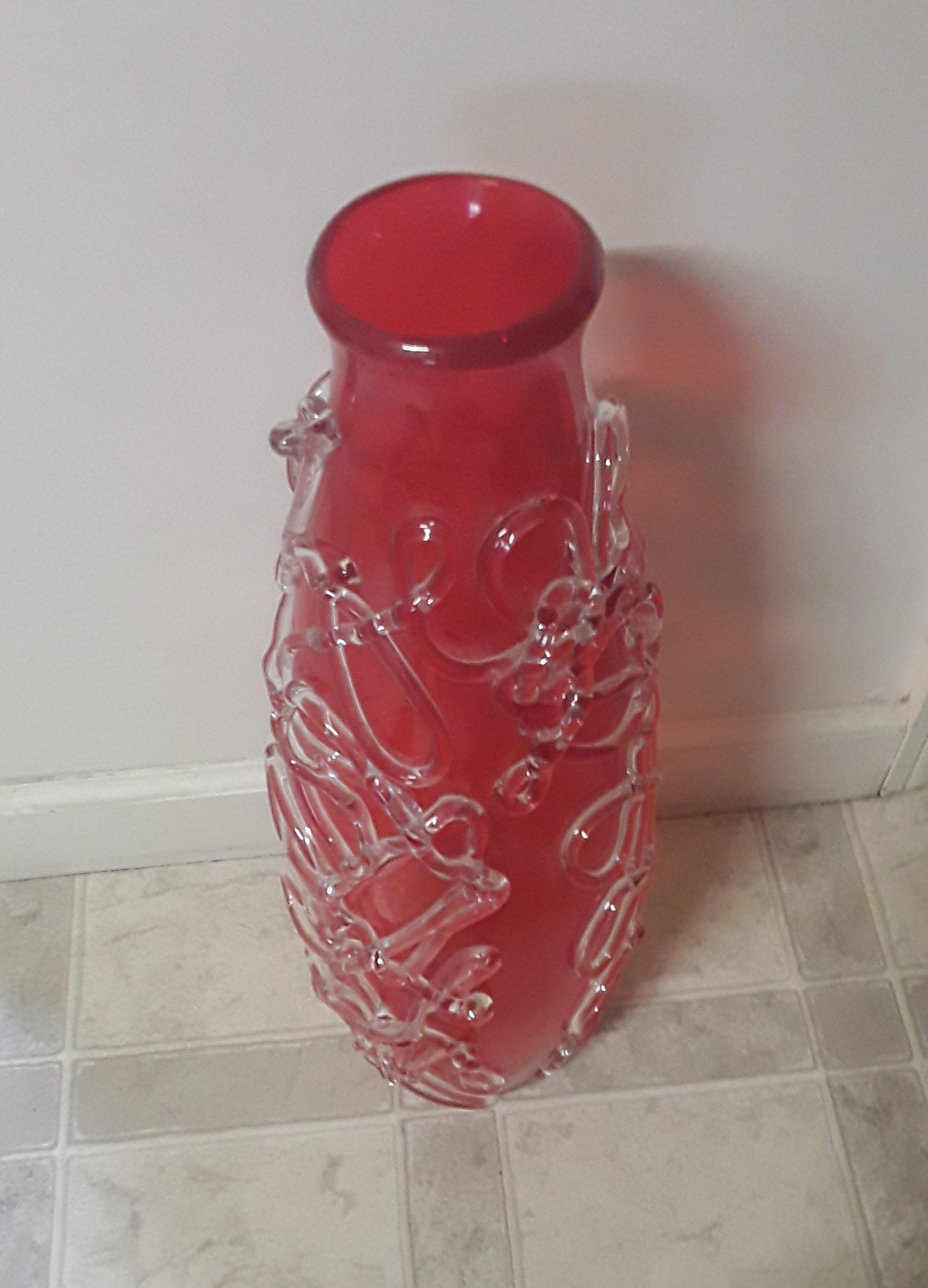 Massive Vintage Ion Tamaian Hand Blown Red and Clear White Art Glass ...